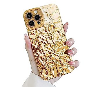 Yebowe Compatible with iPhone 13 Pro Max Case, Cute 3D Tin Foil Pleated Luxury Phone Cover for Women Girls Shiny Bling Designer Soft Silicone Case for iPhone 13 Pro Max, Gold