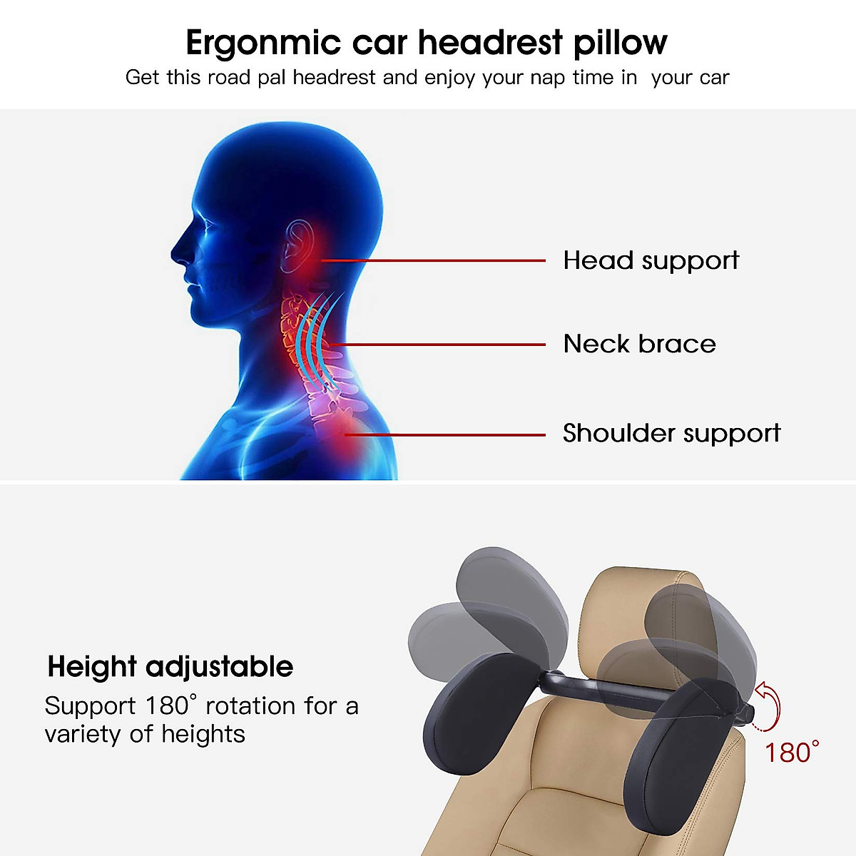 Car Headrest Pillow Road Pal Headrest Car Booster Seat Pillow, U Shape Car Travel Pillow Car Head Neck Support for Kids and Adults
