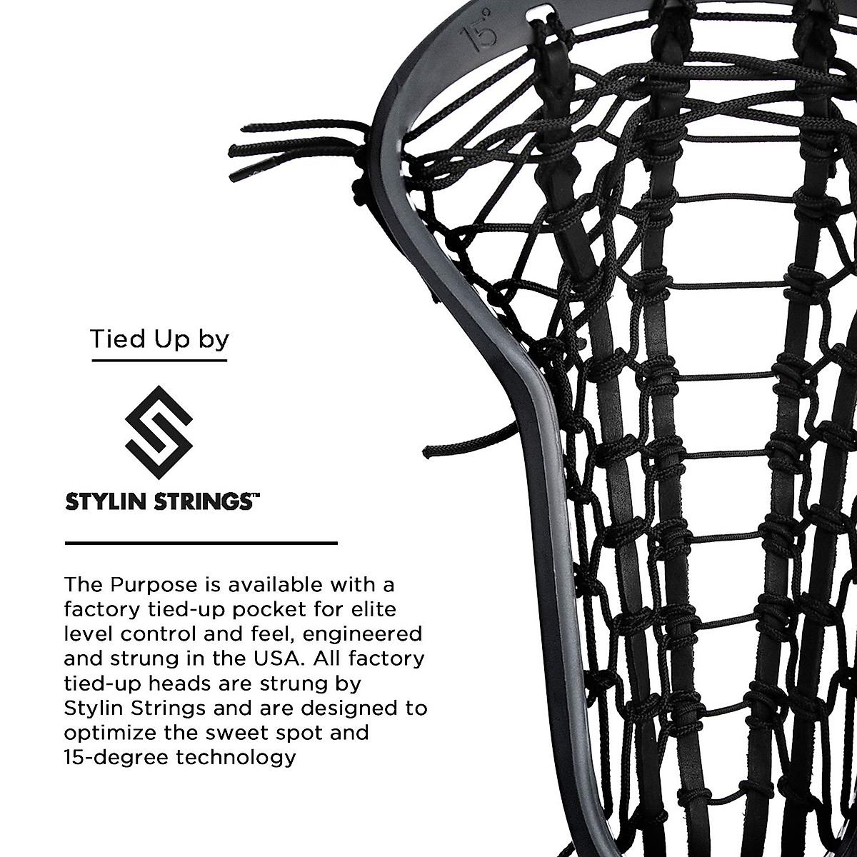 Epoch Lacrosse - Women's Purpose 15 Lacrosse Head with Ladder Pocket, Strung Head, 15-Degree Bottom Rail, Composite Injected Polymer, Crafted in USA - Black