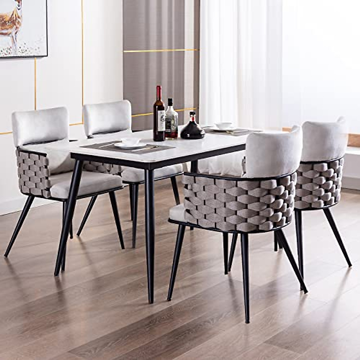 BFZ Mid-Century Modern Dining Chairs Set of 4, Handmade Woven Kitchen Chairs, Upholstered Velvet Chairs with Metal Legs, Living Room