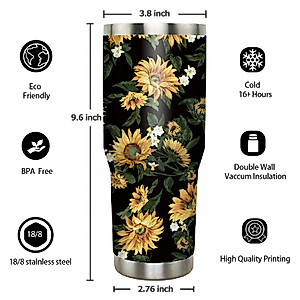 Exacmos 40 oz Tumbler with Handle and Straw 40 oz Sunflower Cup Insulated Stainless Steel Coffee Travel Mug Spill Proof Leak Proof Slim 40oz Tumbler with Handle Sunflower Decor Stuff Gifts for Women
