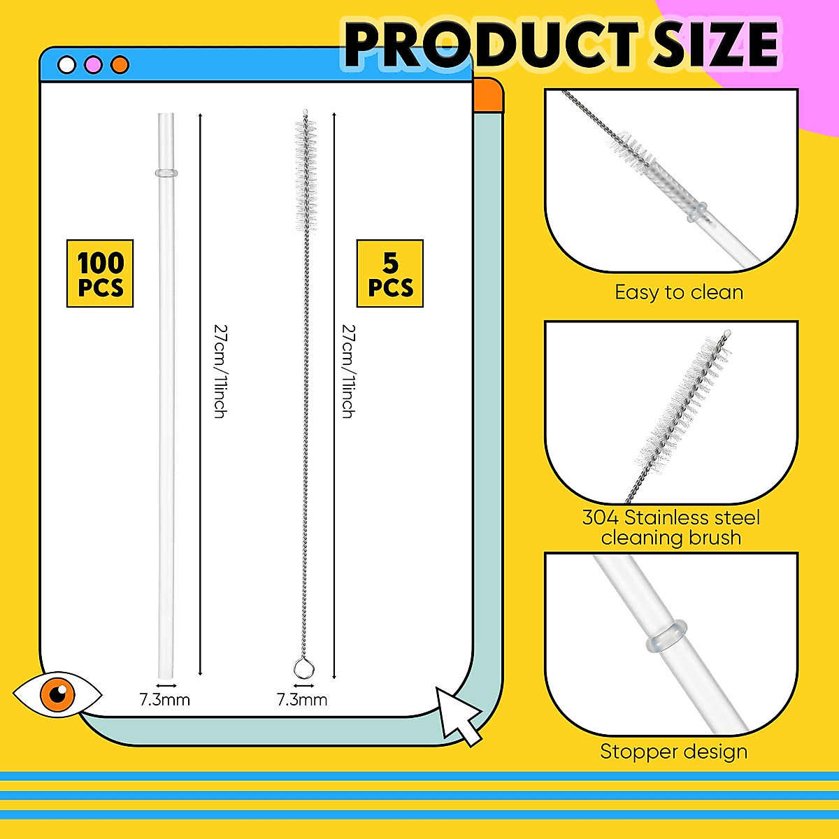 100 Pack Reusable Plastic Straws Clear Straws for Tumblers Hard Drinking Straw for Tall Cups Tumblers Transparent Replacement Drinking Tumbler Straws with 5 Cleaning Brush Straw Cleaner 11 Inch