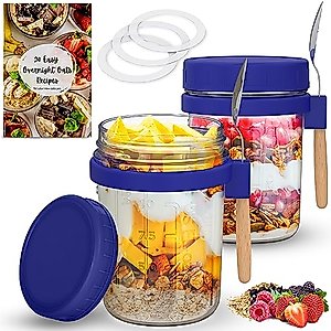 BRIZAR Glass Overnight Oats Containers with Lids - Airtight Overnight Oats Jars & Recipe Book - Overnight Oats Container for Food Storage, Oatmeal, Chia Pudding, Fruit, Yogurt - 2 Pack, 10 oz