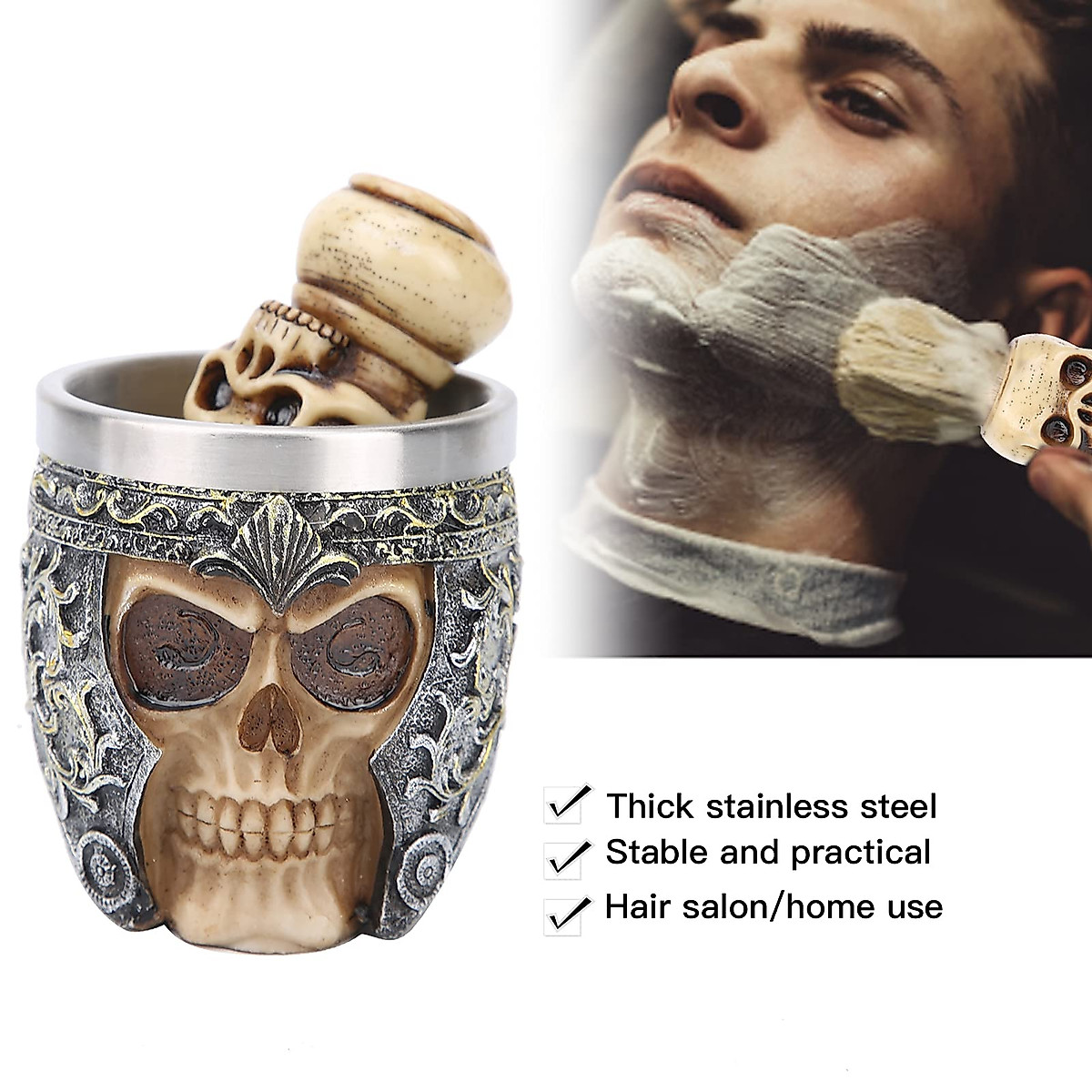 Dioche Men's Beard Shaving Set, Stainless Steel Shaving Bowl and Brush, Hair Shaving Brush and Mug Set for Men, Use for Hair Salon and Household