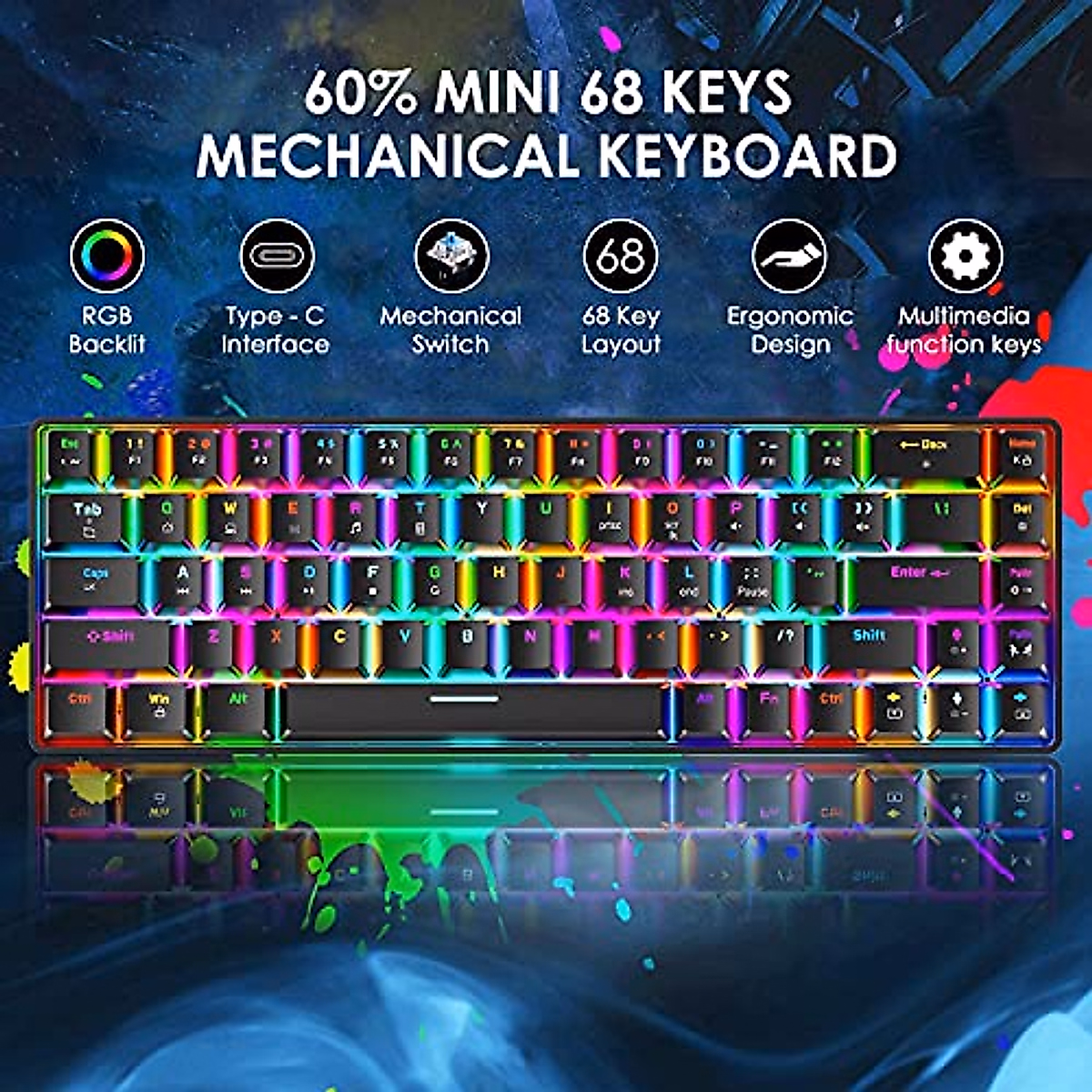 LexonElec T8 60% Mechanical Gaming Keyboard, RGB Backlit Compact Mechanical Keyboard, Blue Switches, Spill Resistant, Customizable Key Macro Function, for PC Gamers and Office Typists (Black)