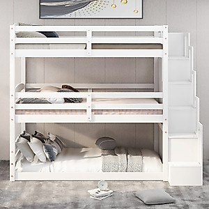 Harper & Bright Designs Wood Triple Bunk Bed with Storage Staircase, Wooden Floor Bunk Beds 3 Beds in 1 for Kids, Detachable Triple Bed Can Convertible into Twin Bunk Beds & Loft Bed, White