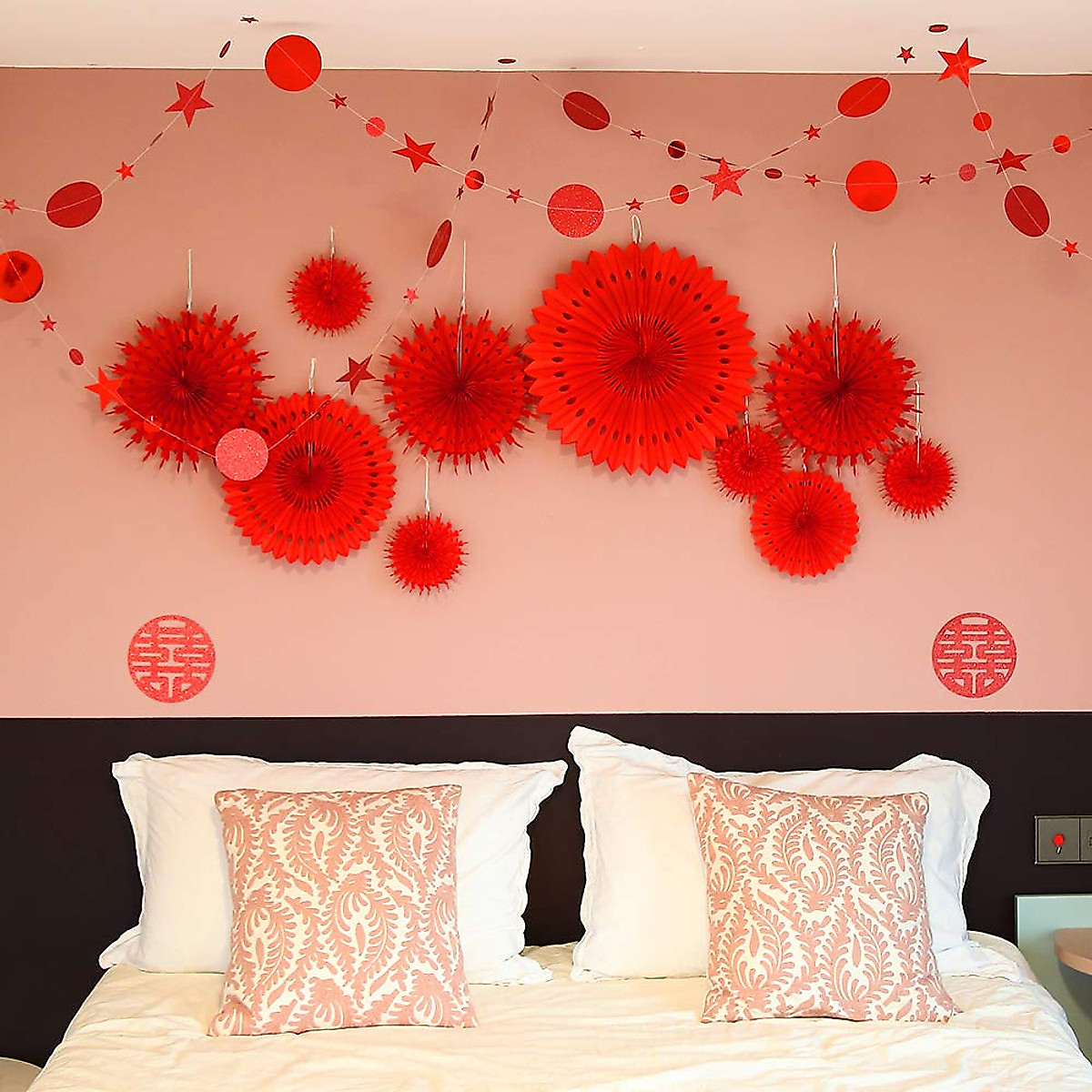 Red Party Decorations Chinese New Year Tissue Pompom Paper Fan Decor Birthday Party Garland Glitter Circle Dots Garland Steamer Banner Backdrop for Girls Wedding Valentines Day