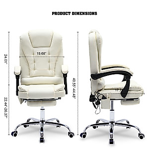 Belandi Massage Office Chair, Ergonomic Executive Computer Chair w/Foot Rest, PU Leather Executive Office Chair w/Heated, Padded Armrest, High Back Swivel Recliner for Office Home Study (White)
