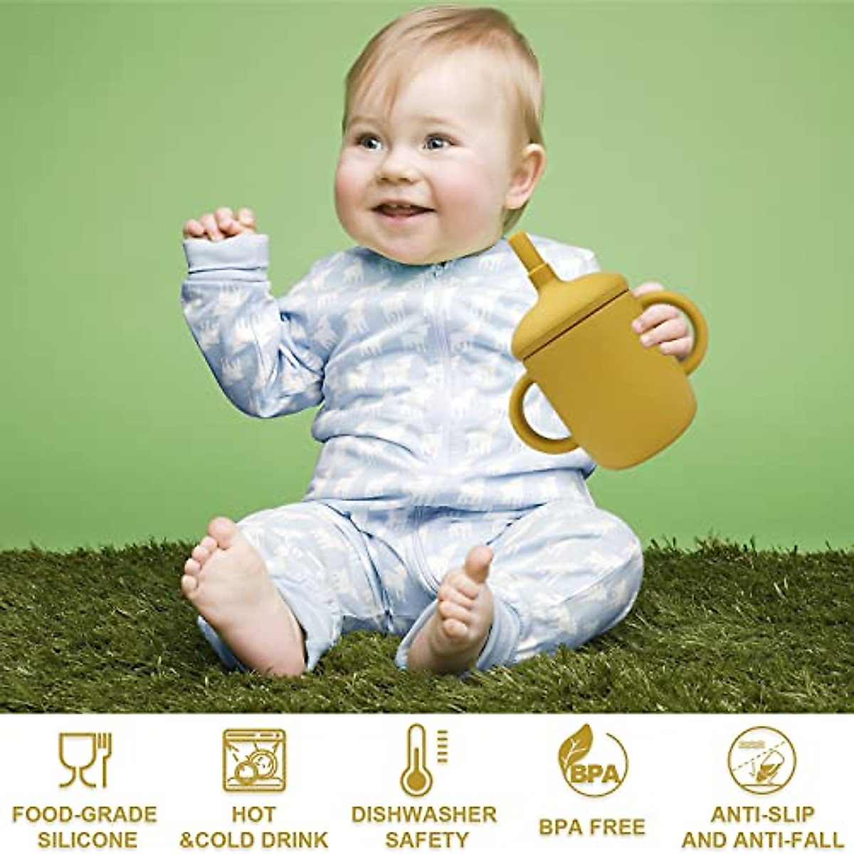 AiHeart Training Cup 5oz Sippy Cup Kids Silicone Toddler Cup Baby Silicone Cup with Silicone Handle、Leak-proof Lid and Silicone Straws BPA-free/For Infants and Kids(Yellow、Blue)