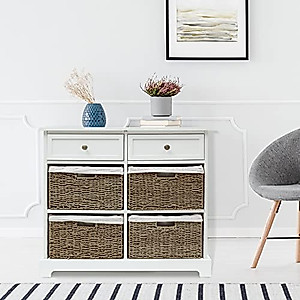White Storage Cabinet with Baskets, Wicker Storage Cabinet with 2 Drawers and 4 Wicker Baskets, Farmhouse Wicker Basket Storage Tower for Kitchen Entryway, Wicker Dresser, Accent Table (White)