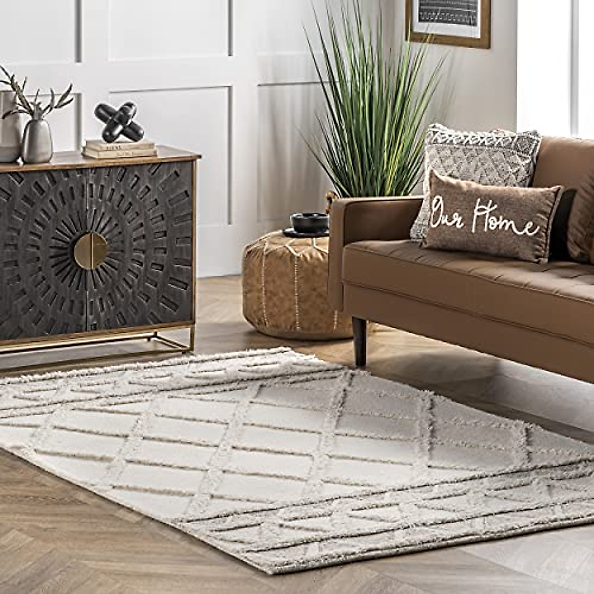 nuLOOM Kenna Wool Shaggy High-Low Geometric Trellis Area Rug, 9' x 12', Ivory