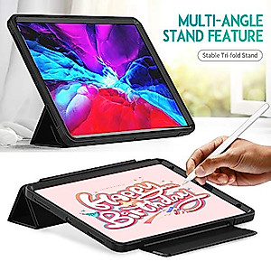 OKUT Smart Case for iPad Pro 12.9" 2020 & 2018,Heavy Duty Protective Cover with Pencil Holder/Tri-Fold Stand/Auto Sleep-Wake/Protector -Black……