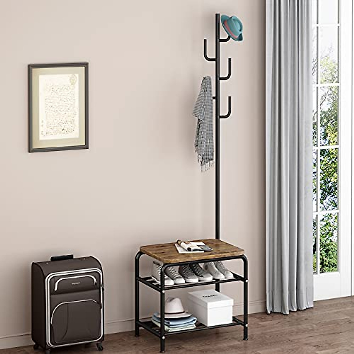 LINZINAR Coat Rack Shoe Bench 3 in 1 Design Hall Tree Storage Bench Industrial Style Coat Tree for Bedroom Living Room Entryway, Black
