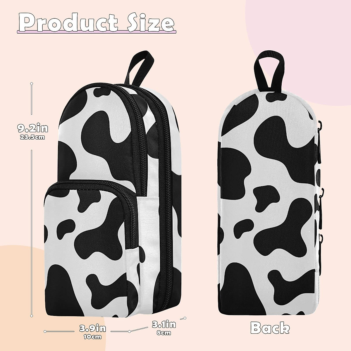 Black Cow Skin Pencil Case Big Capacity Pen Bag with Compartment Students Schoolbag Shape Stationery Organizer Pencil Pouch Marker Case for School Office Work