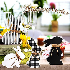 4 Pcs Easter Bunny Table Wooden Signs Bunny Shaped Farmhouse Decor Spring Bunny Wood Tabletop Easter Decorations Easter Bunny Dining Room Table Decor Sign Bunny Decor with Rope (Plain Black White)