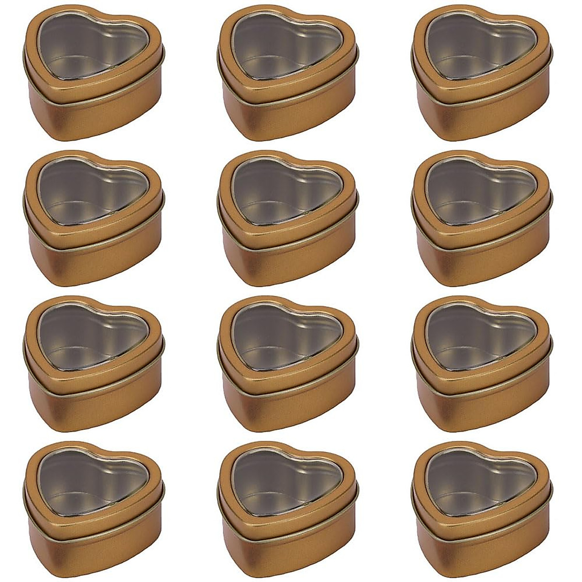 Alunsito 12 Pack 2 Ounce Metal Tins Cans, Heart Shaped Empty Containers with Clear Window Lids for Candles, Arts & Crafts, Storage in Kitchen & Office Use, Gold