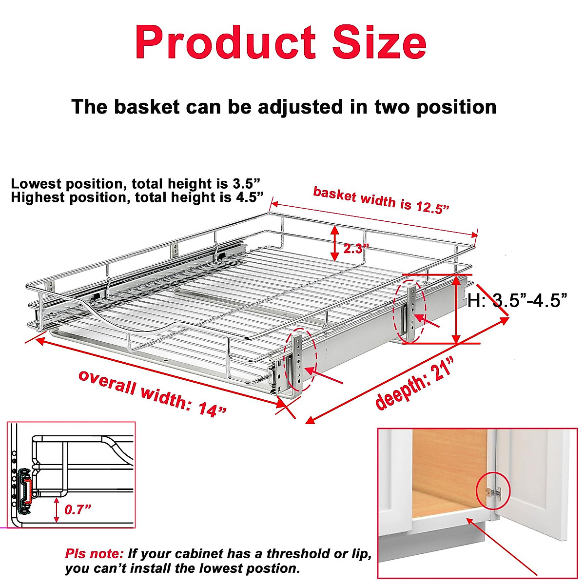DINDON 1 Tier Pull Out Cabinet Organizer (14" W x 21" D) Heavy-Duty Metal Sliding Drawer Shelf, Slide Out Wire Basket for Kitchen Cabinets, Pantry, Bathroom, Chrome Finish…