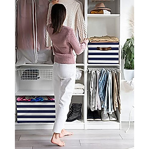 Large Storage Baskets Bins 2 Pack Navy Blue White Striped Farmhouse Collapsible Storage Box Laundry Organizer for Closet Shelf Nursery Kids Bedroom Rustic Geometric