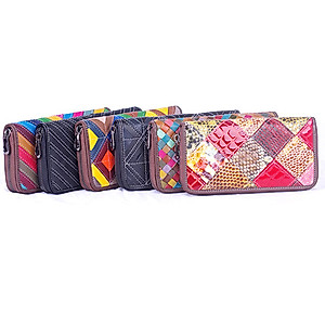 Segater® Women Multicolor Wallets Genuine Leather Colorful Splice Bag Card Holder Organizer Purses Zip Around Phone Clutch Large Long Purse