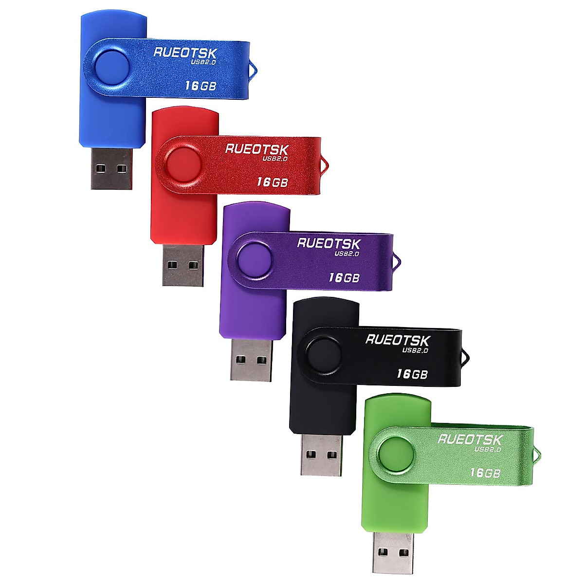 RUEOTSK USB Flash Drive 5 Pack 16GB Rotatable USB 2.0 Pen Drive Flash Memory Drive (Blue Red Purple Green Black) (XZ-5PCS-16G-002)