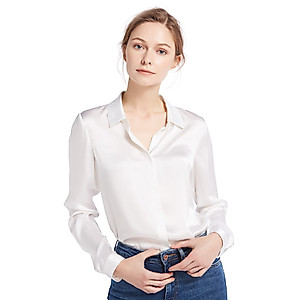 LilySilk Women's Silk Blouse 100% 22MM Silk Button-Down Shirt Long Sleeves Classic Timeless Top for All Seasons Casual Business, Natural White L