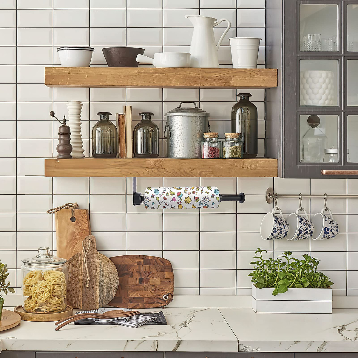 Paper Towel Holder Under Cabinet, Biupky Single Hand Operable Adhesive Paper Towel Holder Wall Mount with Damping Effect Stainless Steel Paper Towel Rack for Kitchen Bathroom