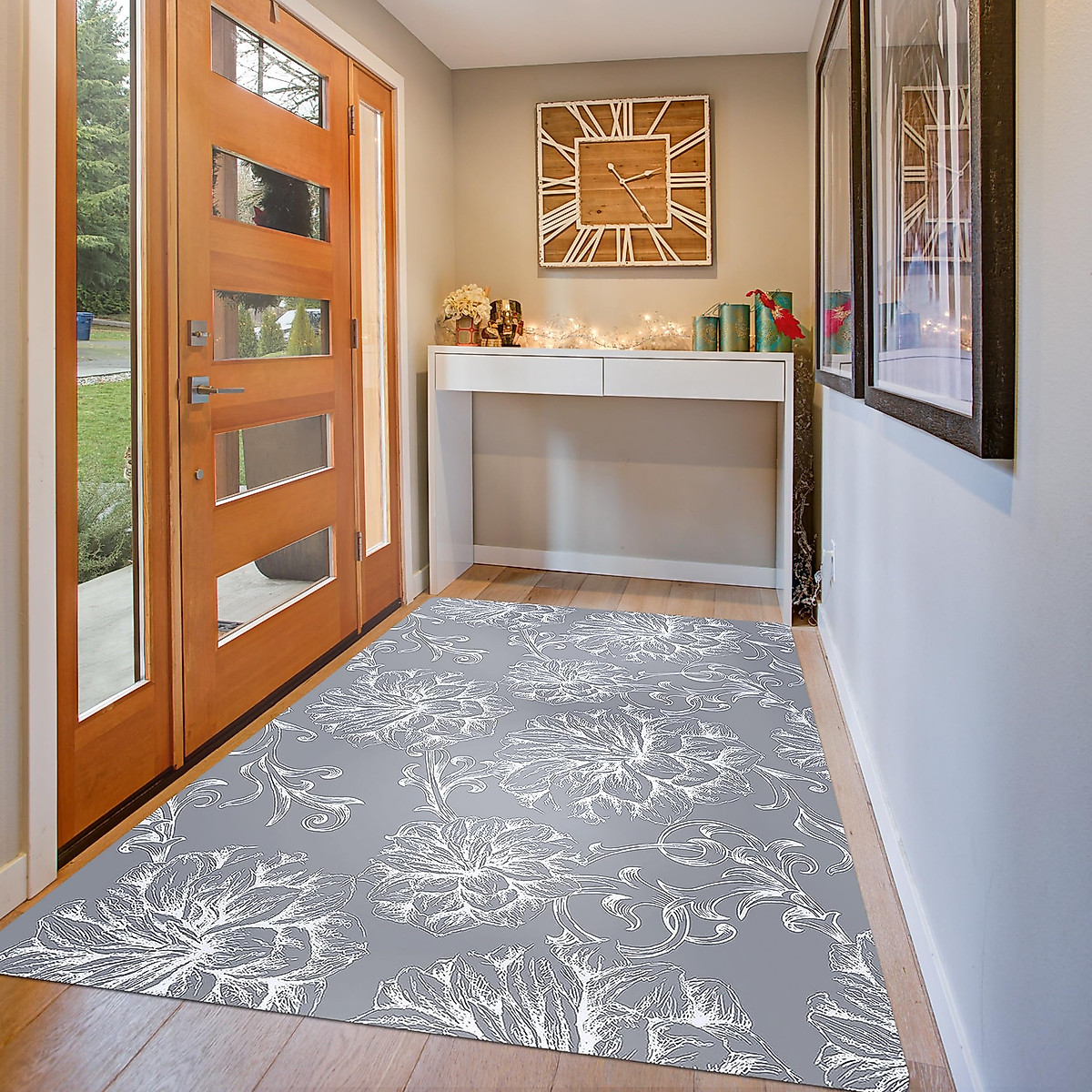 Cosilyt 3×5 Feet Extra Large 1/10" Ultra Thin Front Door Mat Indoor Entryway Area Rug for Inside Entry, Non Slip Washable Rubber Interior Door Mats Entrance Home, Baroque Grey