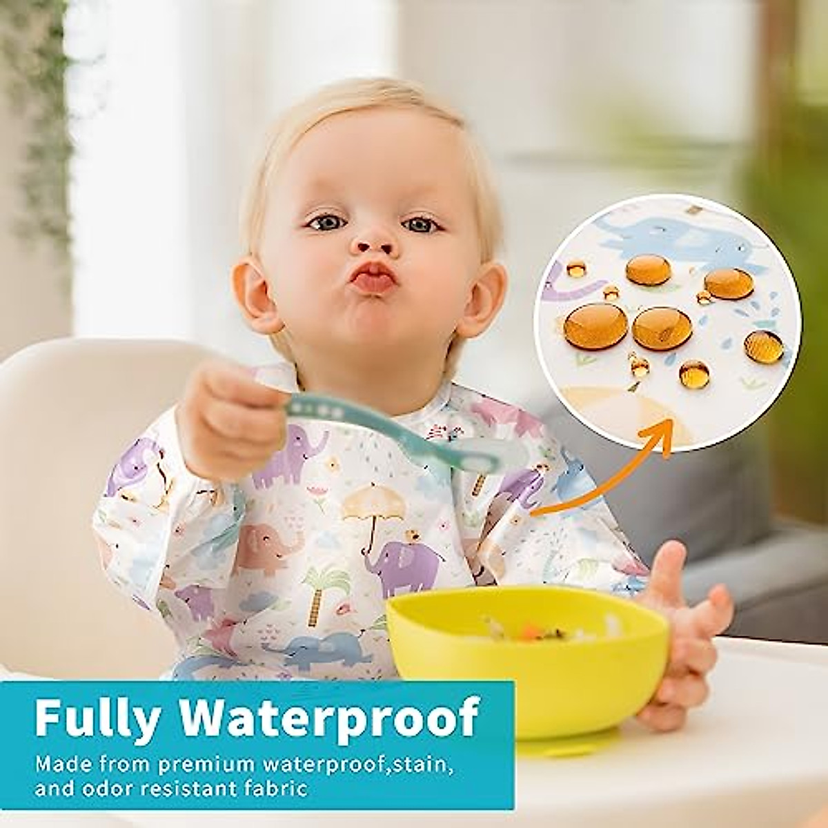 3 Pcs Long Sleeved Bib Set | Baby Waterproof Bibs with Pocket Bundle | Toddler Bib with Sleeves and Crumb Catcher | Stain and Odor Resistance Play Smock Apron - Pack of 3 | 6-24 Months