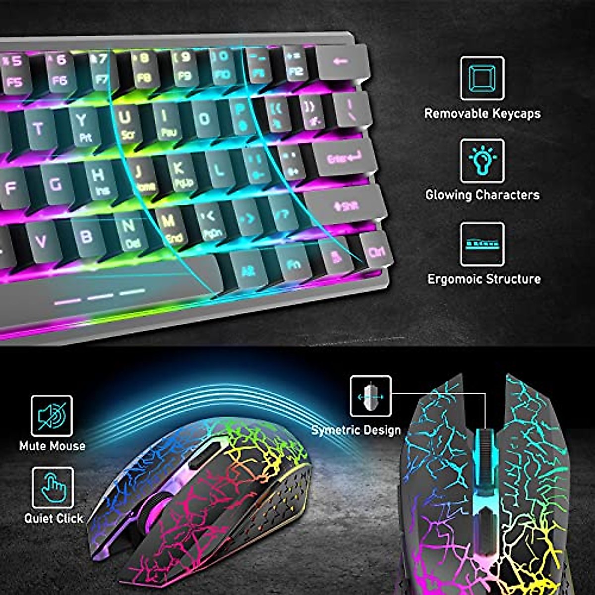 ZIYOU LANG T61 Wireless Gaming Keyboard and Mouse Combo with Ergonomic 61 Key Rainbow LED Backlight Anti-ghosting Mechanical Feel Rechargeable 4000mAh Battery Mouse Pad for PC MAC Gamer Typists(Black)