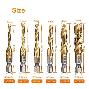 Eyech 6Pcs Titanium Combination Drill and Tap Bit Set, Metric Drill Tap Bits Screw Tapping Bit Tool 1/4" Hex Shank 3 Functions in 1