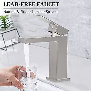 𝗩𝗼𝗻𝘃𝗮𝗻 Brushed Nickel Bathroom Faucets, Solid Brass Single Hole Bathroom Sink Faucet, Modern Bathroom Faucets for Sink 1 Hole, Lead-Free Vanity Faucet with Pop-up Drain and Water Supply Hoses