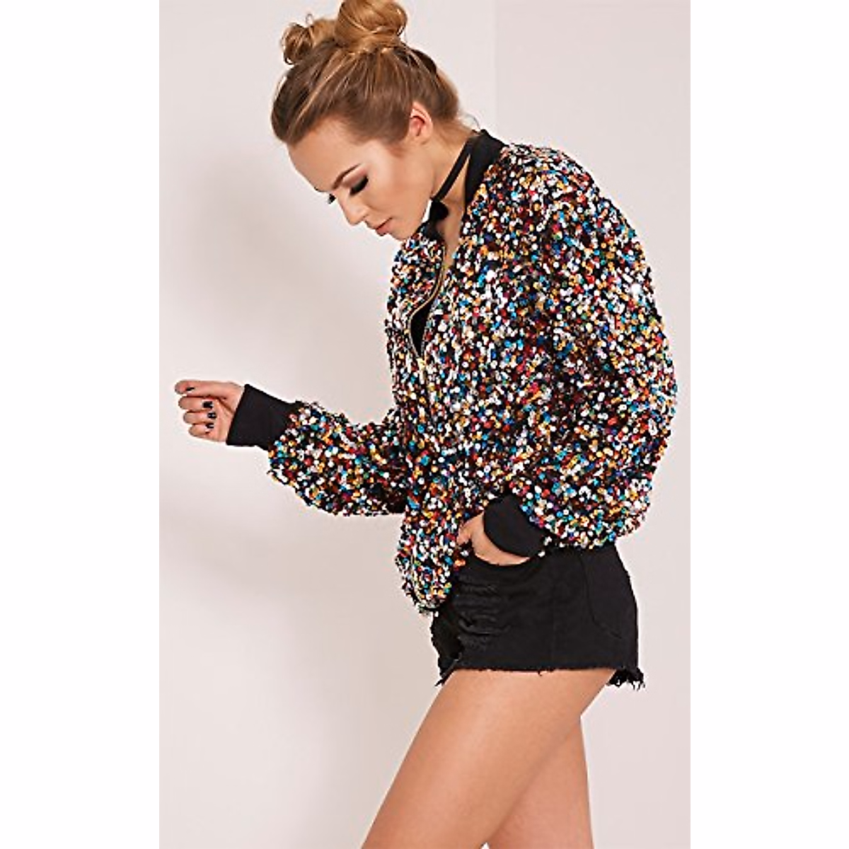 Cresay Women's Sequin Fitted Long Sleeve Zipper Blazer Bomber Jacket Rainbow 3XL