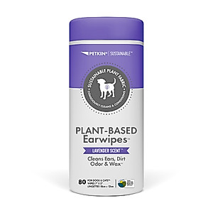 Petkin Plant-Based EarWipes, 80 Wipes - Biobased & Sustainable Pet Ear Wipes for Dogs & Cats - Cleans Ear Area, Dirt, Odor & Wax - Consciously Cleans & Conditions - Easy to Use - Lavender