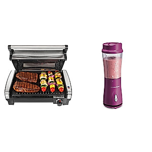 Hamilton Beach Electric Indoor Searing Grill with Adjustable Temperature Control to 450F & Portable Blender for Shakes and Smoothies with 14 Oz BPA Free Travel Cup and Lid