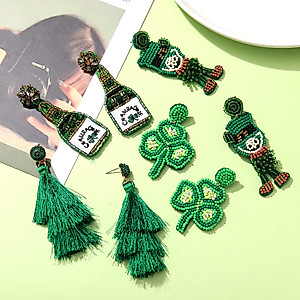 St.Patrick's Day Earrings for Women Beaded Green Shamrock Leprechaun Champagne Bottle Earrrings Lucky Gold Pot Tassel Dangle Earrings Irish Holiday Pride Jewelry Gifts