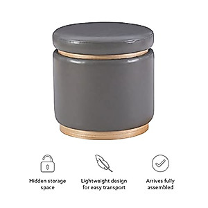Linon Lexington Grey Faux Leather Round Storage Ottoman with Wood Accent