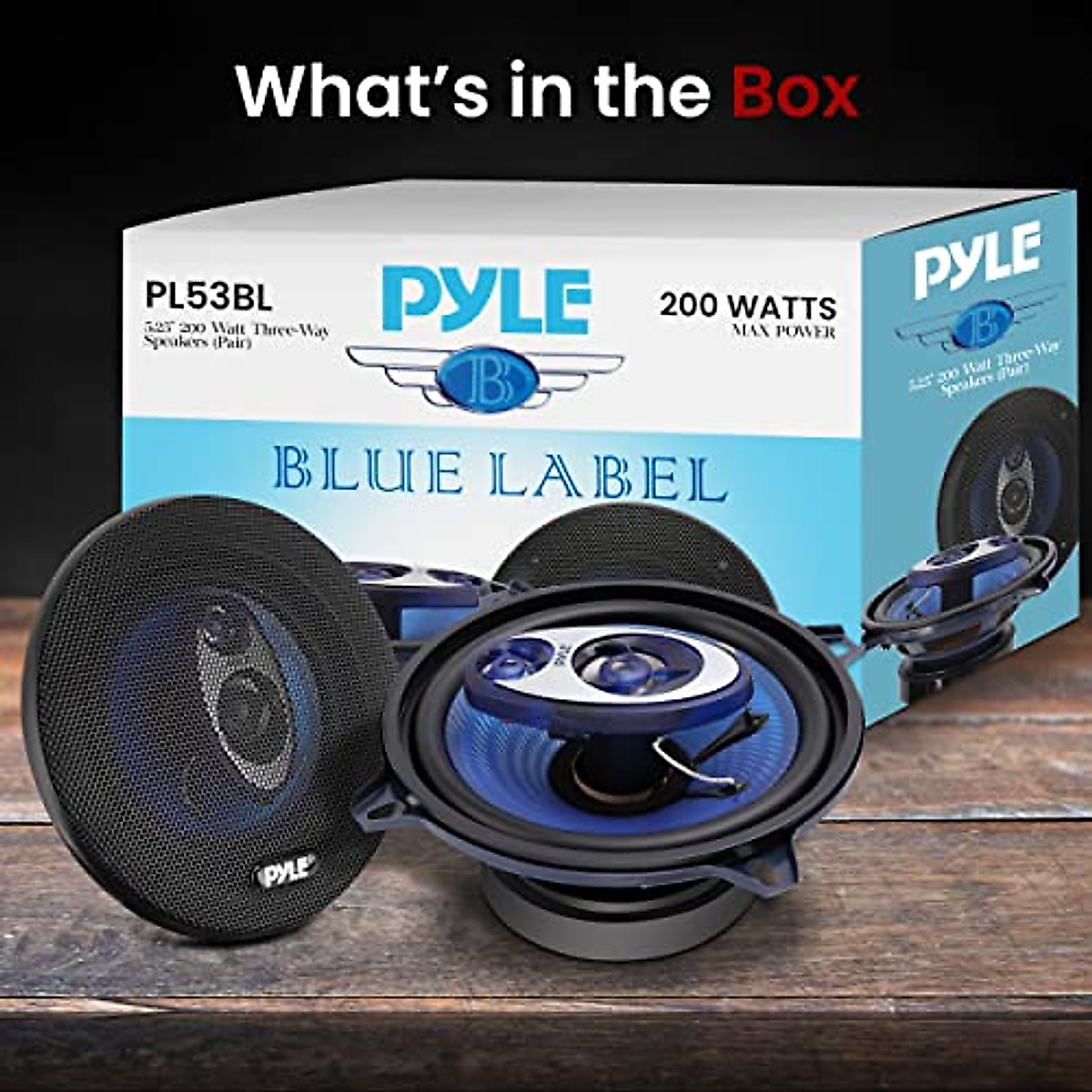 Pyle 5.25” Car Sound Speaker (Pair) - Upgraded Blue Poly Injection Cone 3-Way 200 Watt Peak w/Non-fatiguing Butyl Rubber Surround 100-20Khz Frequency Response 4 Ohm & 1" ASV Voice Coil - Pyle PL53BL