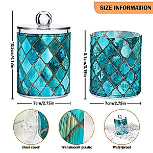 JUMBEAR 4 Pack Turquoise Grey Qtip Holder Dispenser with Lid, 14 oz Clear Plastic Apothecary Jar Set for Bathroom Vanity Organizers Storage Containers