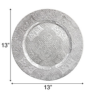 Elsjoy Set of 12 Plastic Silver Charger Plates, 13 Inch Decorative Plate Charger for Dinner Plates, Embossed Vintage Disposable Serving Plate for Home, Party, Wedding, Events
