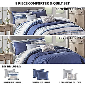 Madison Park Marina Comforter Quilt Combo Set - Modern Luxury Design, All Season Down Alternative Bedding, Matching Shams, Decorative Pillows, King/Cal King(104"x92") Seersucker Blue 8 Piece