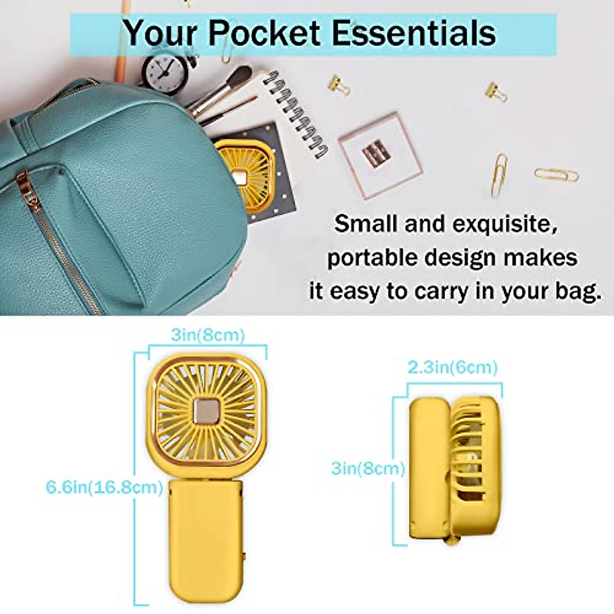 GAITIR Handheld Mini Fan, 3 IN 1 Small Portable Fan, USB Rechargeable Folding Personal Fans with Strong Airflow 2 Speeds, Lanyard, Multi-Functional, 4 Colorful, Foldable Hanging Desk fan