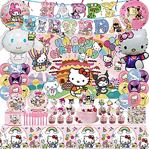 Kawaii Birthday Decorations, Cartoon Party Decorations, Include Banner, Cake Toppers, Paper Tableware, Stickers, Backdrop, Tablecloth, Balloons, Hanging Swirls, for Kids Theme Birthday Party Supplies
