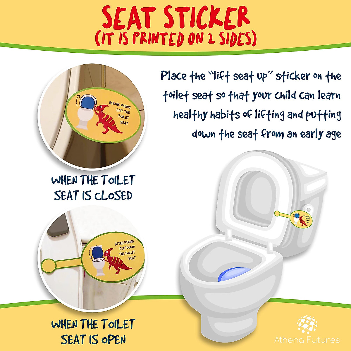 ATHENA FUTURES Dinosaur Potty Training Toilet Targets - 2" Water Soluble, Flushable Urinal Paper Cards for Toddlers, Boys - Kids Trainer Kit with Lift Lid Sticker and Peeing Chart - 80 Targets