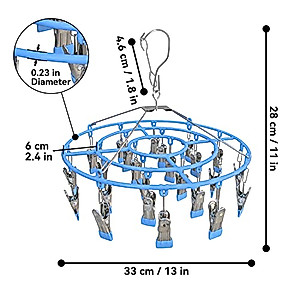 Funamily Clothes Drying Rack,Stainless Steel Laundry Drip Hanger with 24 Clips, Heavy Duty Round Swivel Windproof Hook Underwear Hanger for Drying Towel, Bras, Sock,Lingerie, Baby Clothes (Blue)