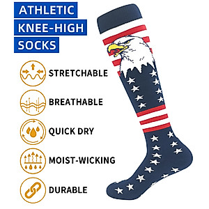 BUENWAZ Men's American Flag Baseball Socks, Athletic Knee High Football Sock, Patriotic Over the Calf Socks (1 Pack, Eagle, Size 8-12)