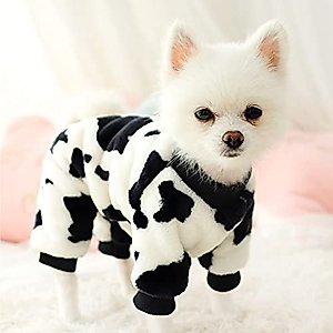 Winter Dog Pajamas Cute Milk Cow Polyester Cotton Dog Hoodie Plush Puppy Clothes Soft Pet Jumpsuit Winter Coat S