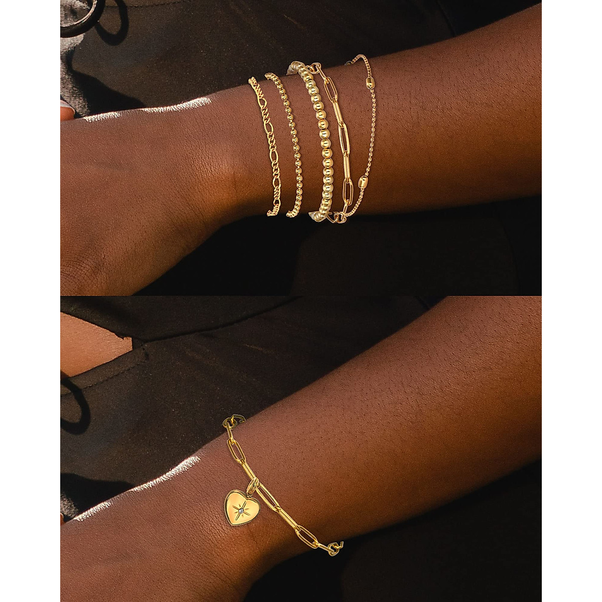 VIMCUPQ Gold Chain Bracelets set for Women, 18K Gold Plated Charm Bracelet Dainty Adjustable Stackable Bracelets Trendy Layered Link Pearl Heart Lucky Clover Charms Bracelets