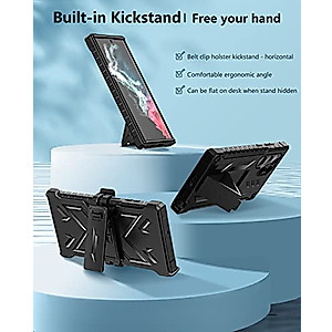 FNTCASE for Samsung Galaxy S22 Ultra Case: Built-in Screen Protector & Kickstand & Belt-Clip Holster, Extra Front Frame Full-Body Dual Layer Rugged Heavy Duty Shockproof Protective Phone Cover-Black