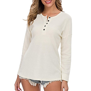WNEEDU Women's Waffle Knit Tunic Tops Loose Long Sleeve Button Up V Neck Henley Shirts,Beige L