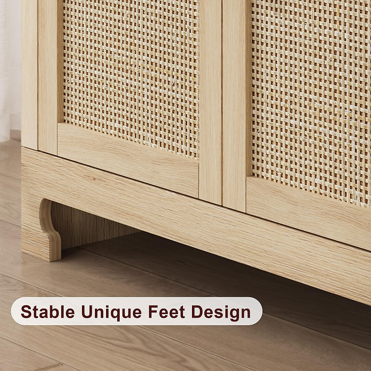 Rattan Accent Storage Cabinet with 4 Doors and Shelf - Modern Console Coffee Bar Cabinet for Dining Room, Kitchen, Living Room, Entryway Home Decor